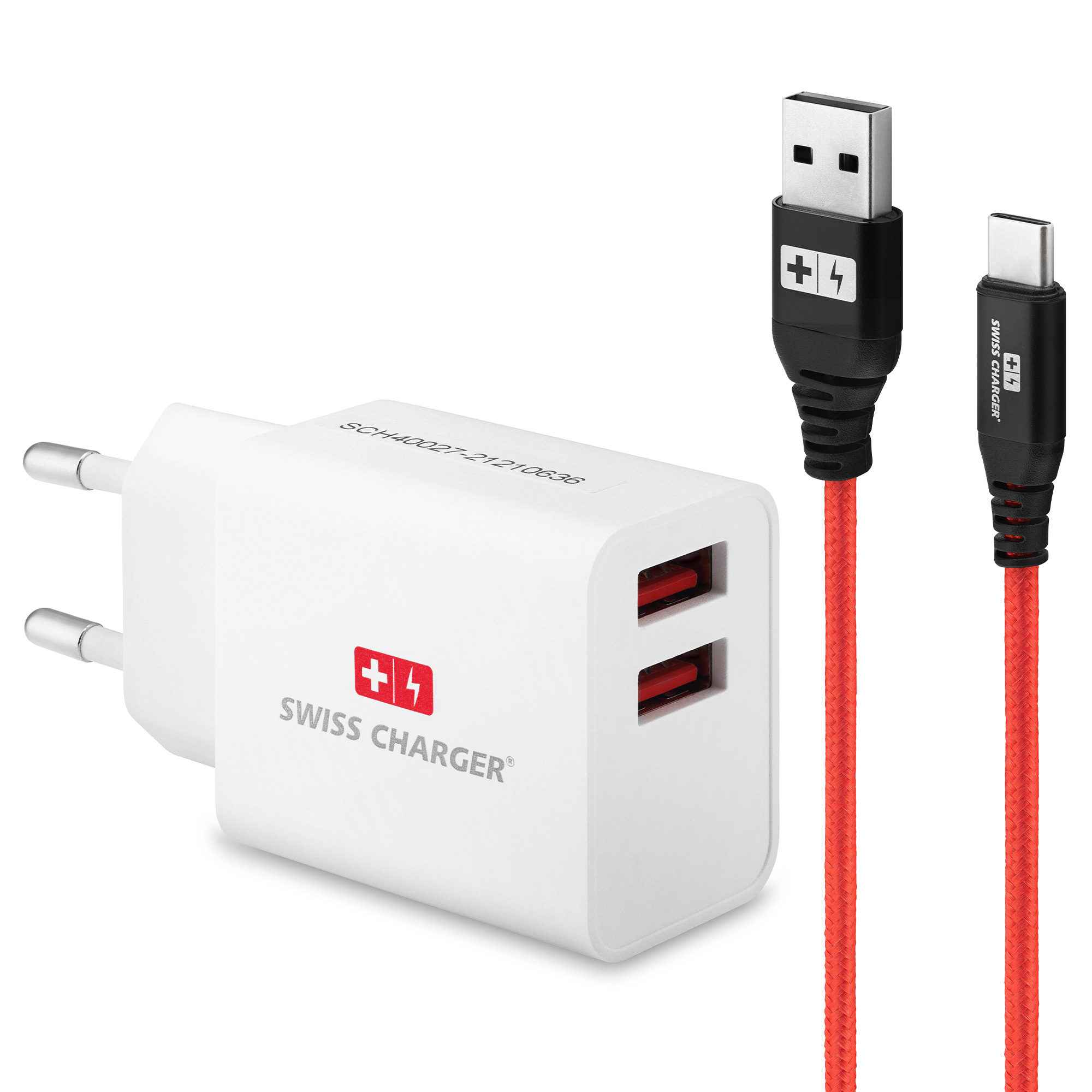 Swiss Charger 17W 2xUSB Hızlı Şarj Adaptörü ve USB to Type-C 1m Kablo Seti