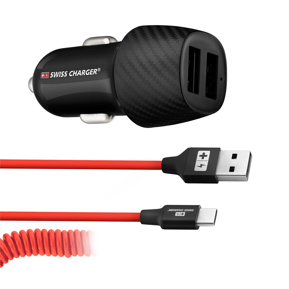 Swiss Charger 17W 2xUSB Hızlı Araç Şarj Adaptörü ve USB to Type-C 1,5m ...